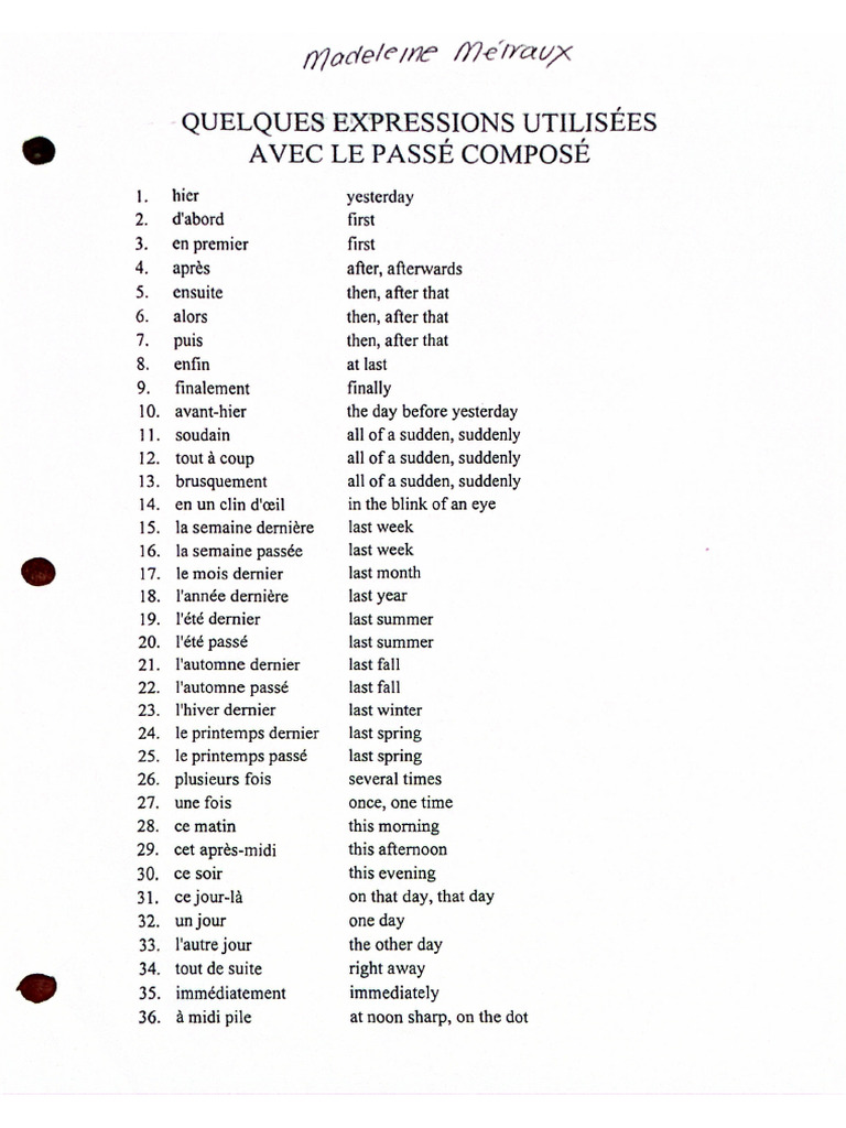 Expressions Utilisées Avec Le Passé Composé | PDF