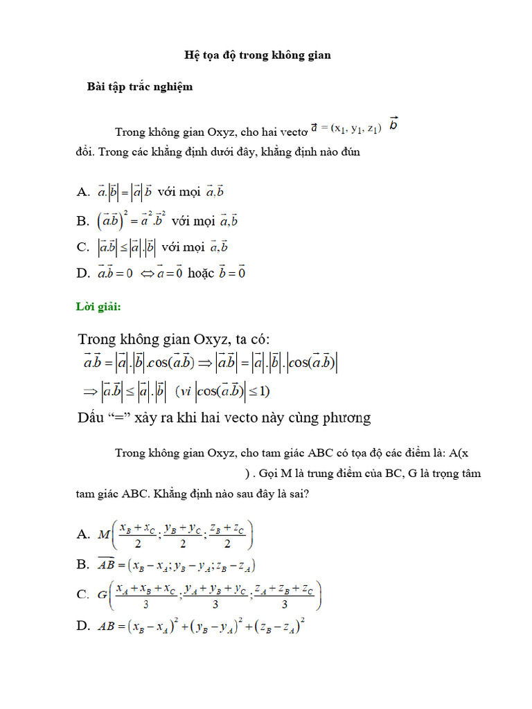 50 Bai Tap He Toa Do Trong Khong Gian Toan 12 Moi Nhat | PDF
