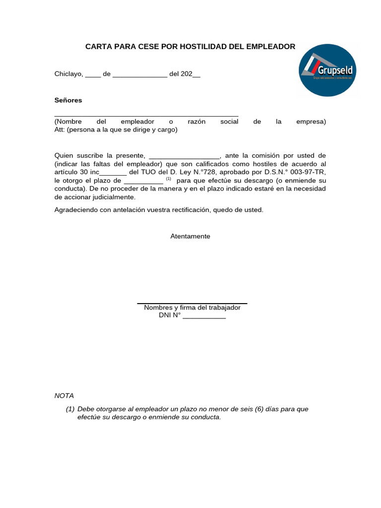 Carta para Cese Por Hostilidad Del Empleador | PDF