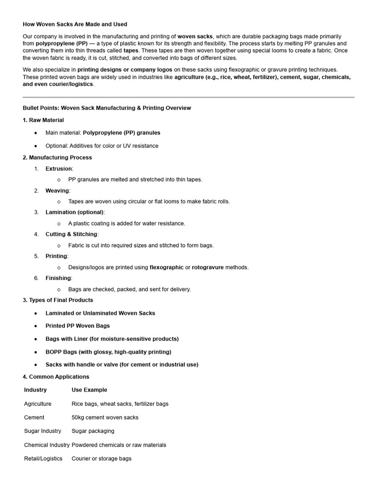 Woven Sack Manufacturing Process Overview | PDF