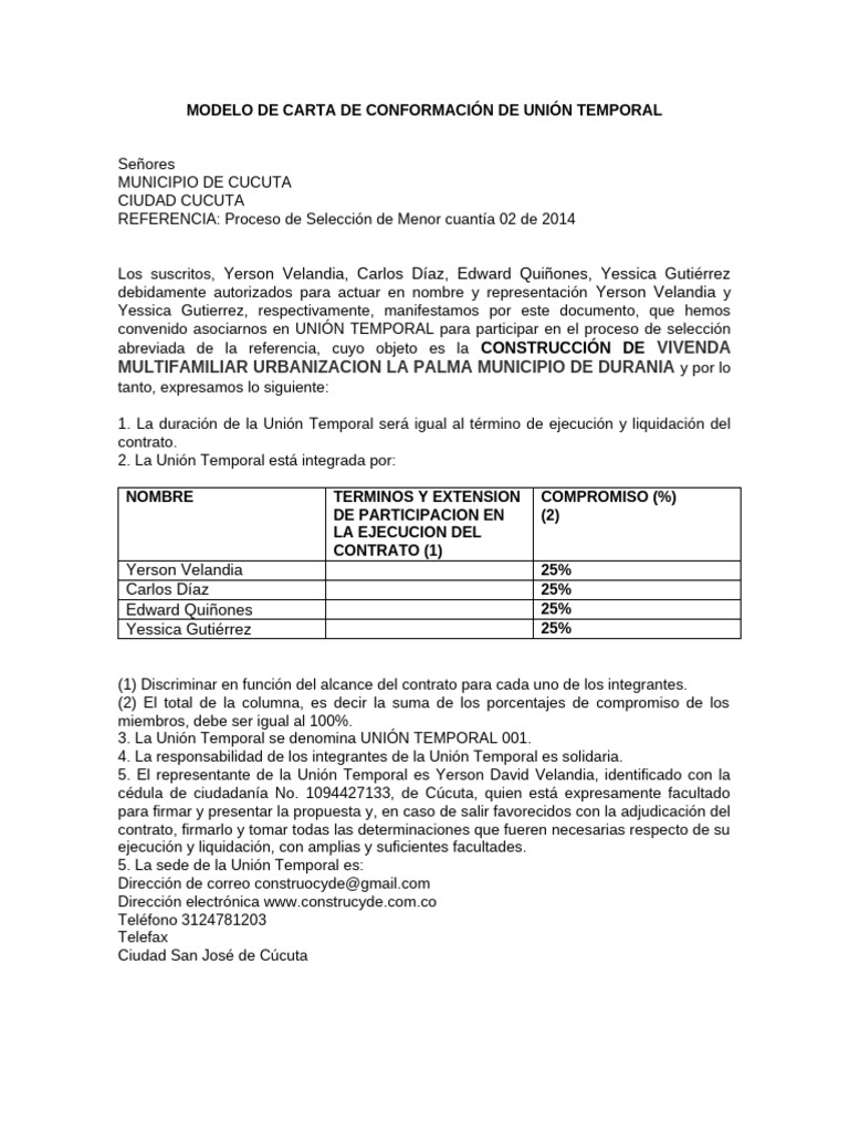 Carta de Conformación Unión Temporal 2014 | PDF