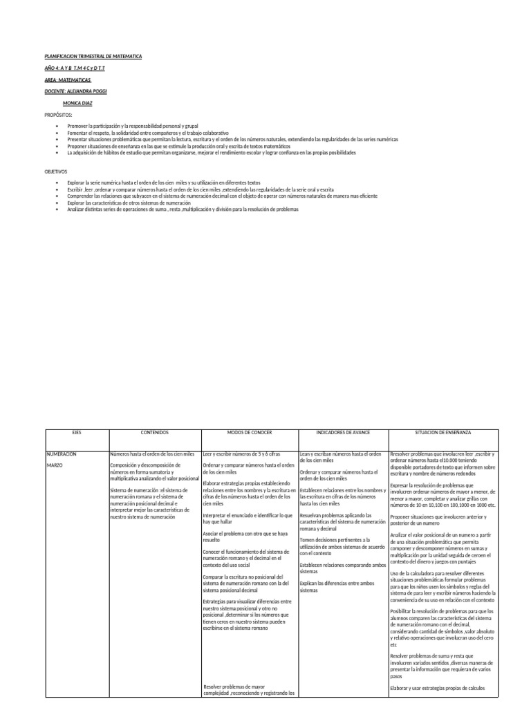 Planificación Matemática Trimestral A4 | PDF | División (Matemáticas ...