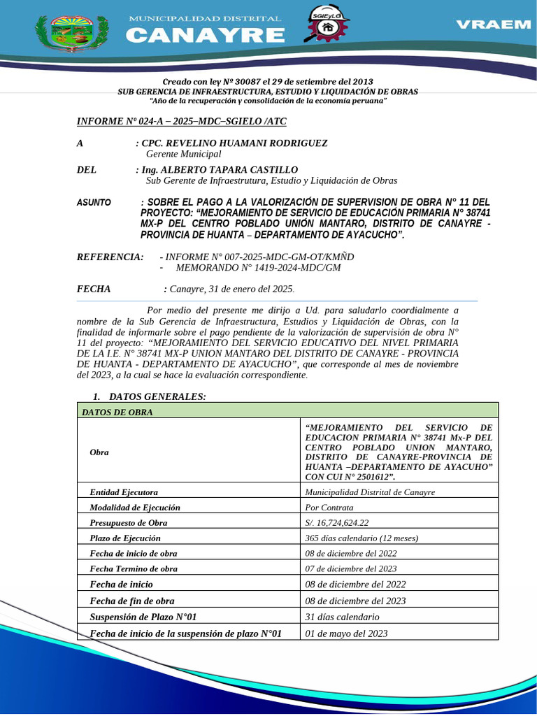 Informe 024-A Pago de La Valorizacion 11 Supervisión, I.E. Union Mantaro | PDF