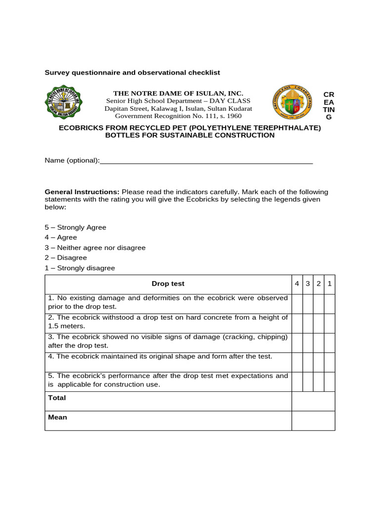 Ecobricks Assessment Survey Checklist | PDF