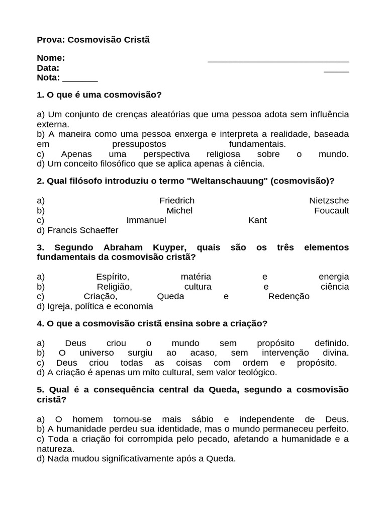 Prova Cosmovisão Cristã | PDF | Deus | Science