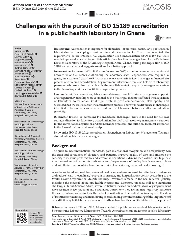 Challenges With The Pursuit of ISO 15189 Accreditation in A Public Health Laboratory in Ghana ...
