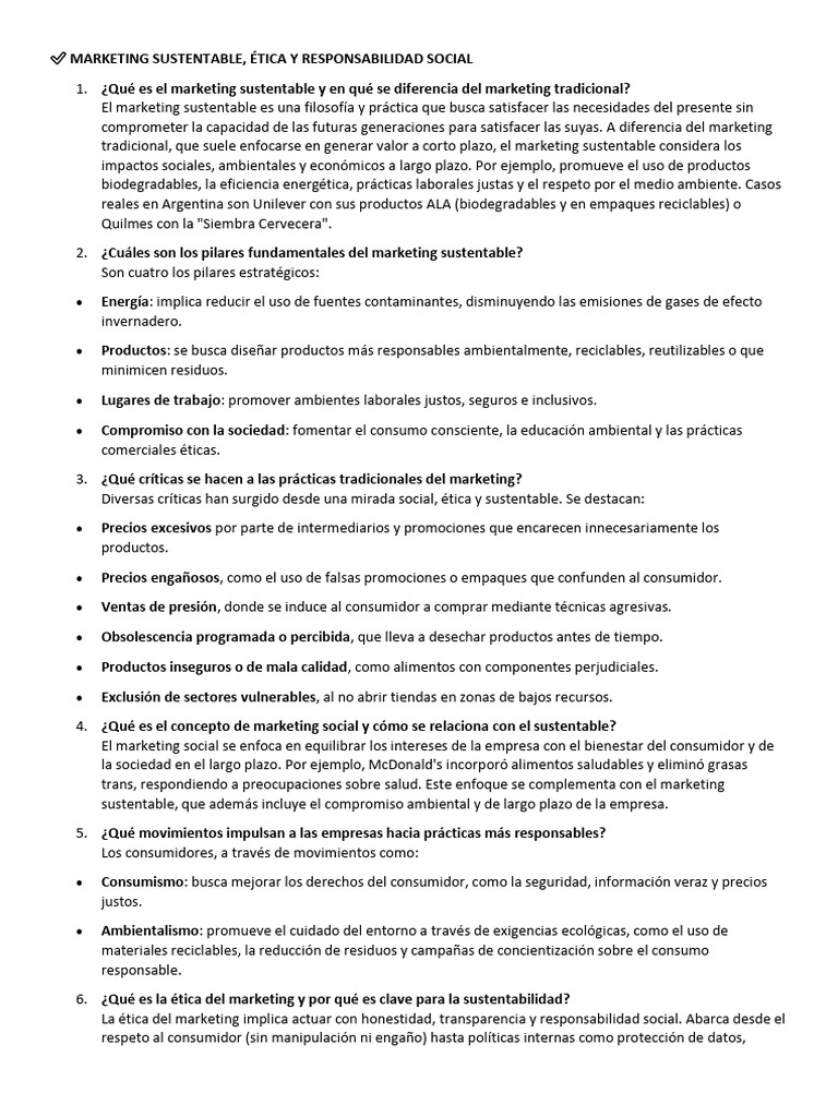 MARKETING Preguntas Segundo Parcial | PDF | Marketing | Sustentabilidad