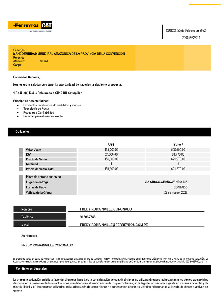 Cotización Rodillo Tándem CAT CB10 | PDF | Rodamiento (Mecánico) | Agua