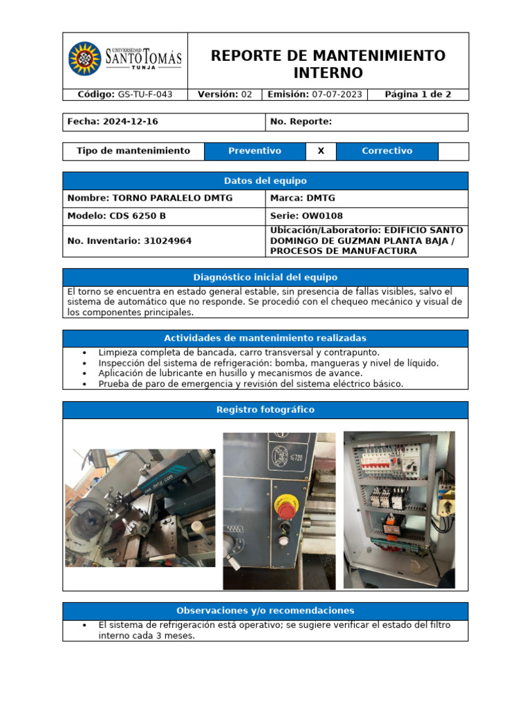 Rep. Mant. Int. Torno Dmtg-2024!12!16 | PDF