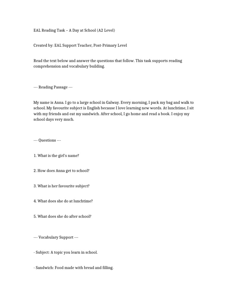 EAL Reading Task: A Day at School | PDF