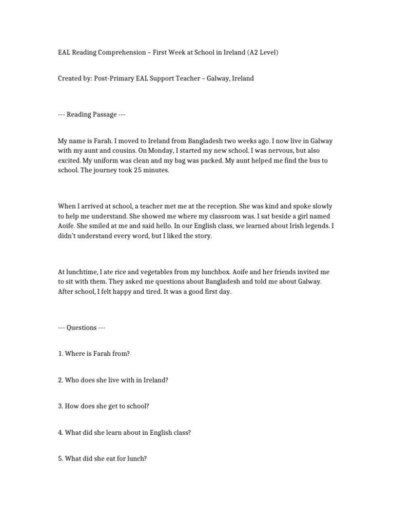 EAL Reading First Week Ireland | PDF