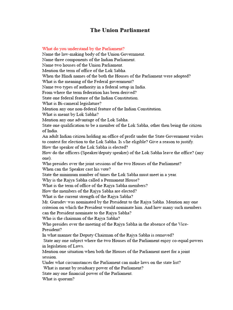 Ch-1 The Union Parliament I Marker Questions | PDF | Parliament Of The ...