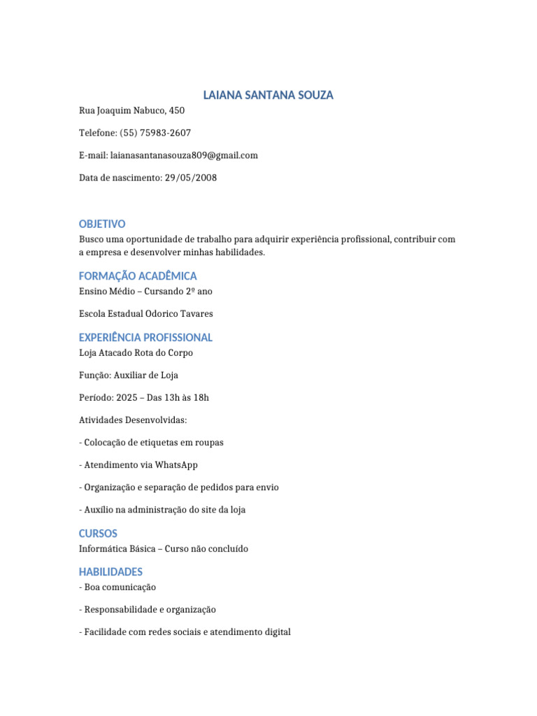Curriculo Laiana Santana Souza | PDF