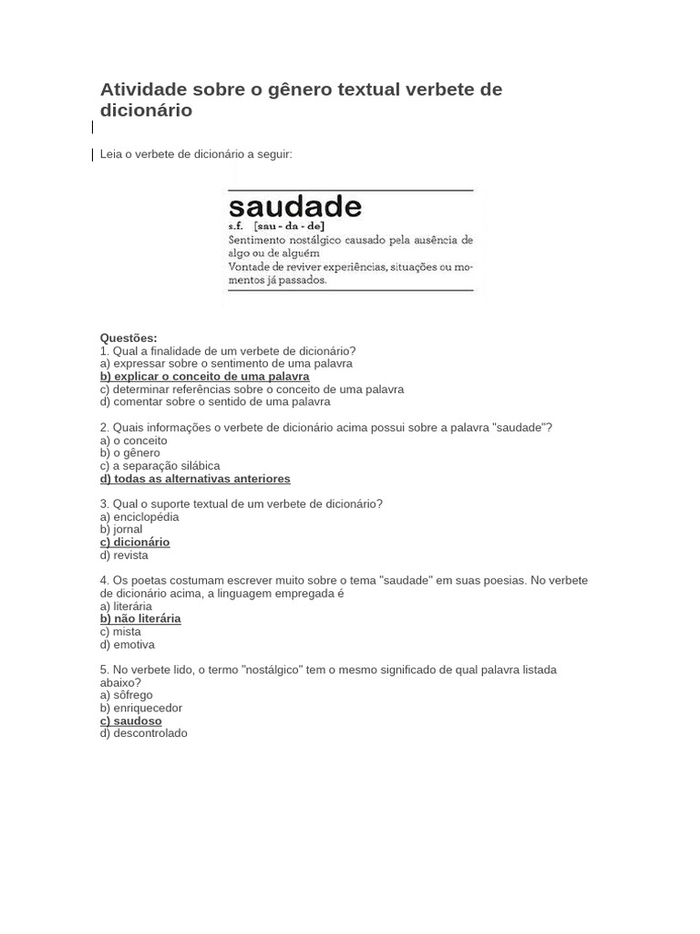 Atividade Sobre o Gênero Textual Verbete de Dicionário | PDF