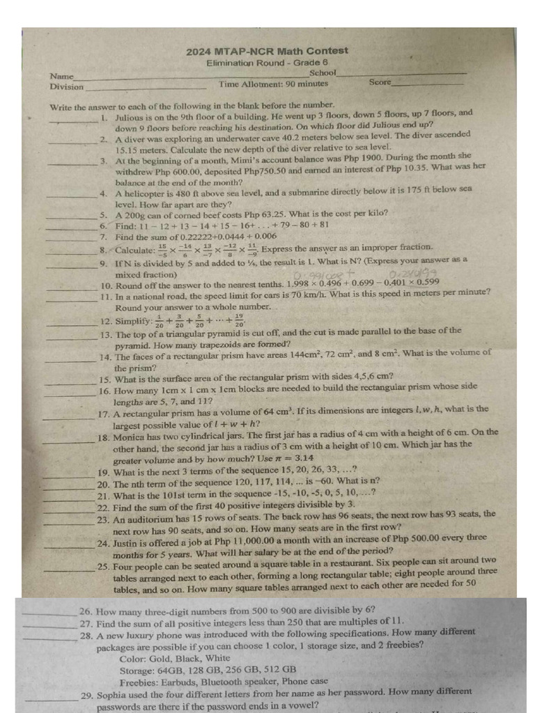 Mtap 2024 Elimination gr6 | PDF