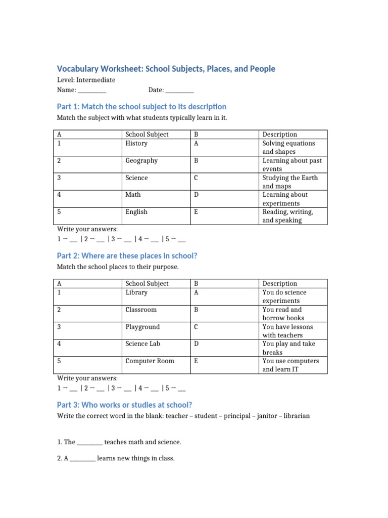 School Vocabulary: Subjects & Places Worksheet | PDF | Learning