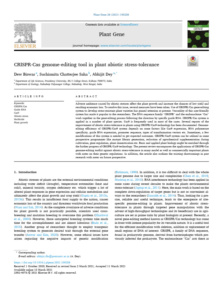 CRISPR Cas Genome Editing Tool in Plant Abiotic Stress Tolera 2021 ...