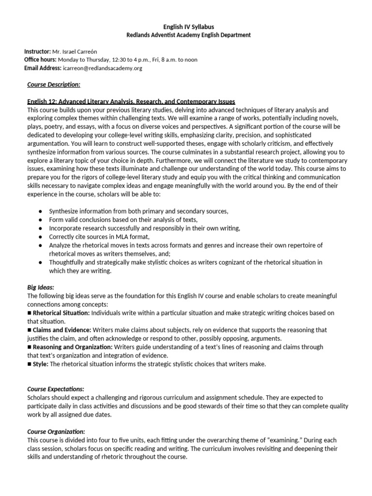 English IV Syllabus | PDF | Rhetoric | Essays