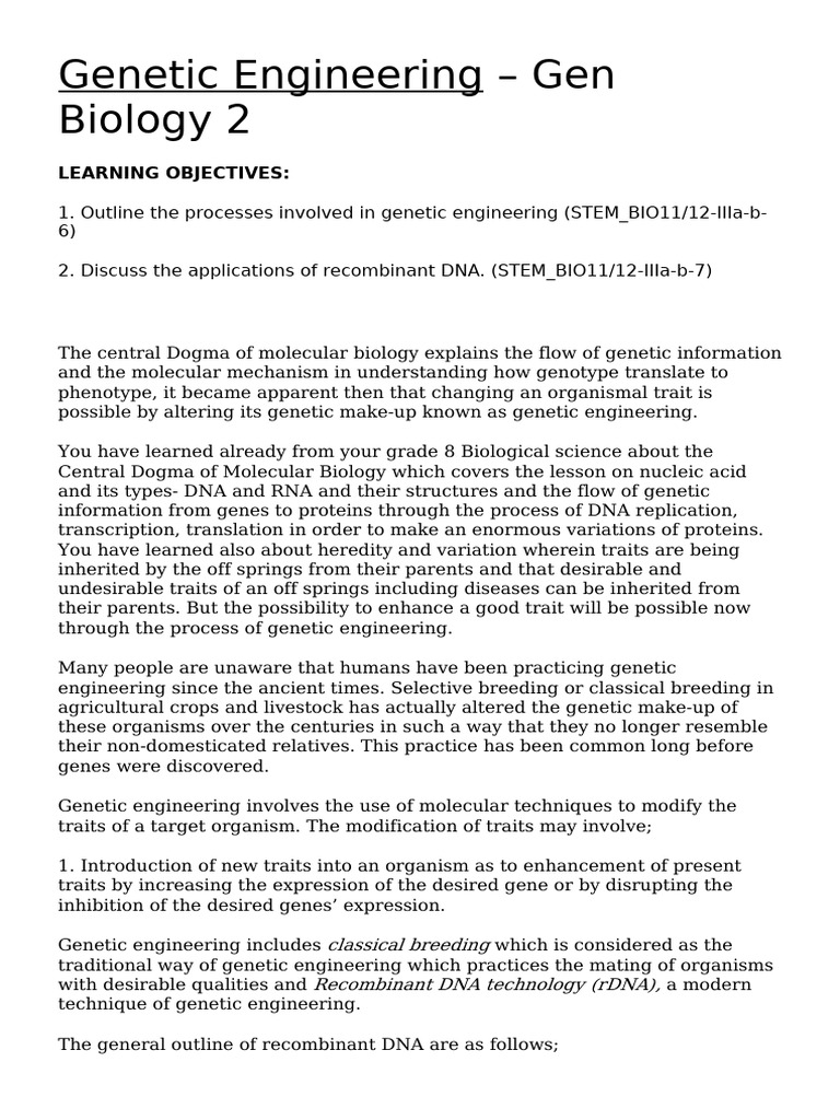 BIO2L1 Genetic Engineering | PDF | Molecular Cloning | Recombinant Dna