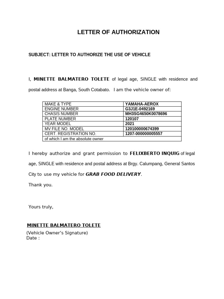 GRAB Authorization Letter Sample | PDF