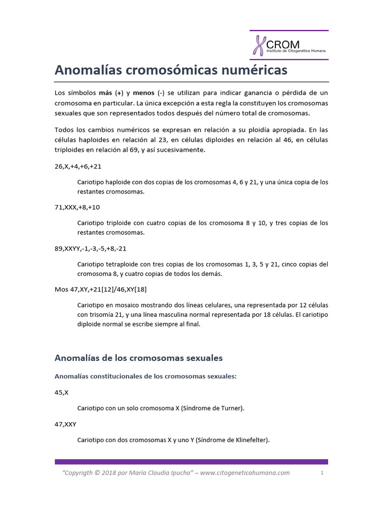 ISCN. Anomalías Cromosómicas Numéricas 2018 | PDF | Cariotipo | Genética