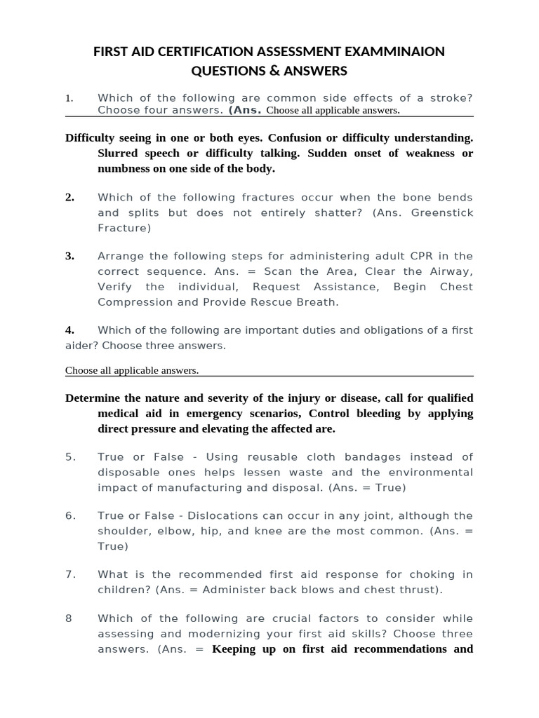 First Aid Certification Exam Q&A Guide | PDF | First Aid | Wound