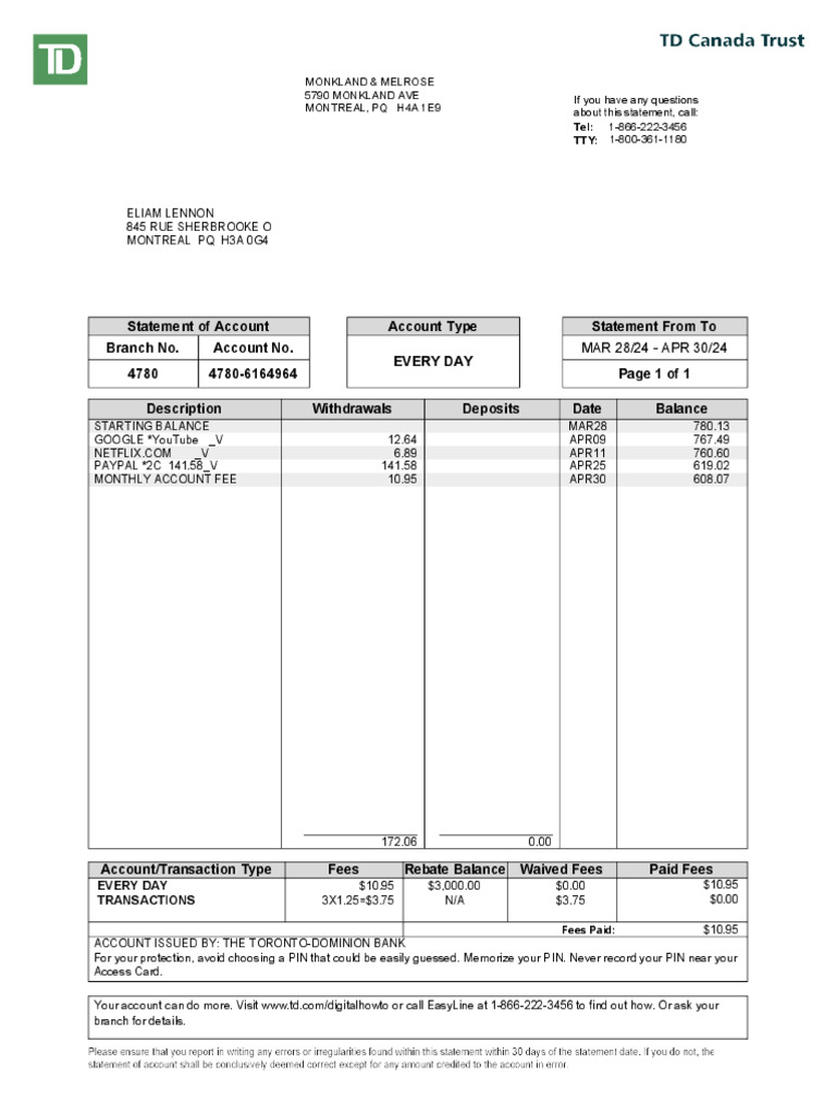 TD Every Day Chequing Accoun | PDF | Transaction Account | Banking