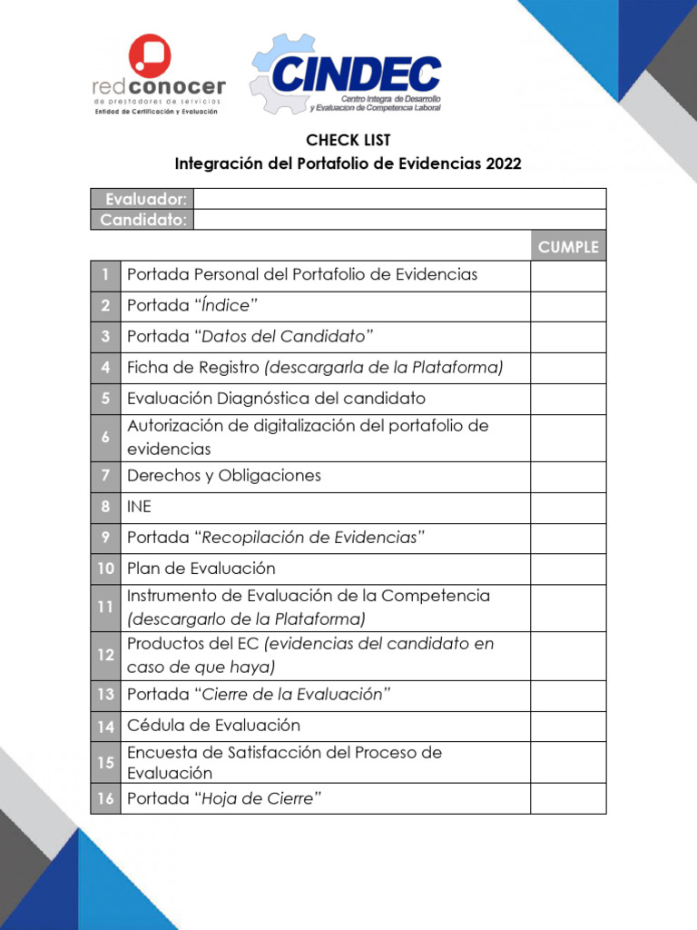CHECK LIST, Integración Del Portafolio de Evidencias 2022 (ECE516-22) | PDF