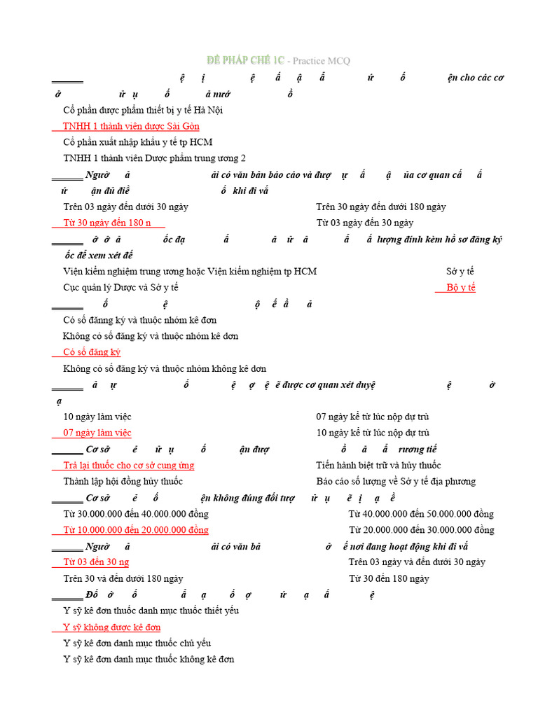 ĐỀ PHÁP CHẾ 1C - Practice MCQ | PDF