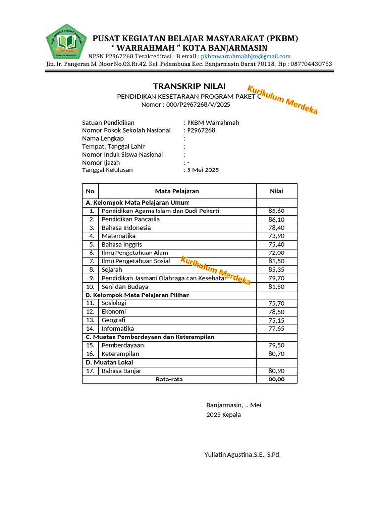 Contoh Transkrip Nilai Paket A-B-C | PDF