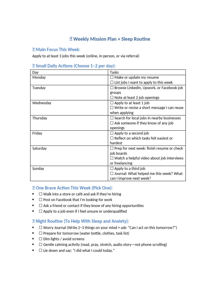 Weekly Job Application & Sleep Plan | PDF