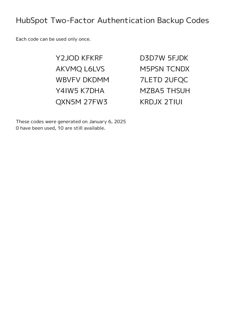 Hubspot Two-Factor Authentication Backup Codes | PDF