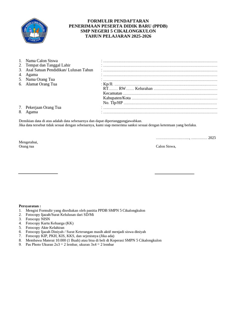 Formulir Pendaftaran SPMB 2025-2026 | PDF