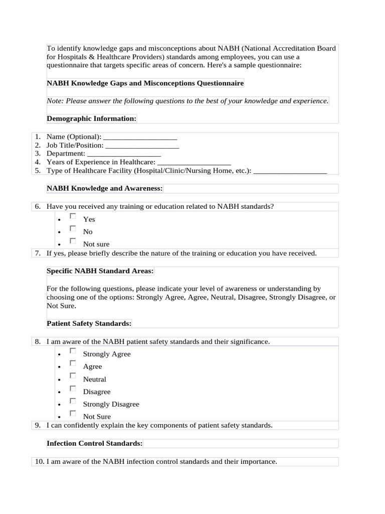 NABH Standards: Knowledge Gaps Questionnaire | PDF | Health Care | Patient