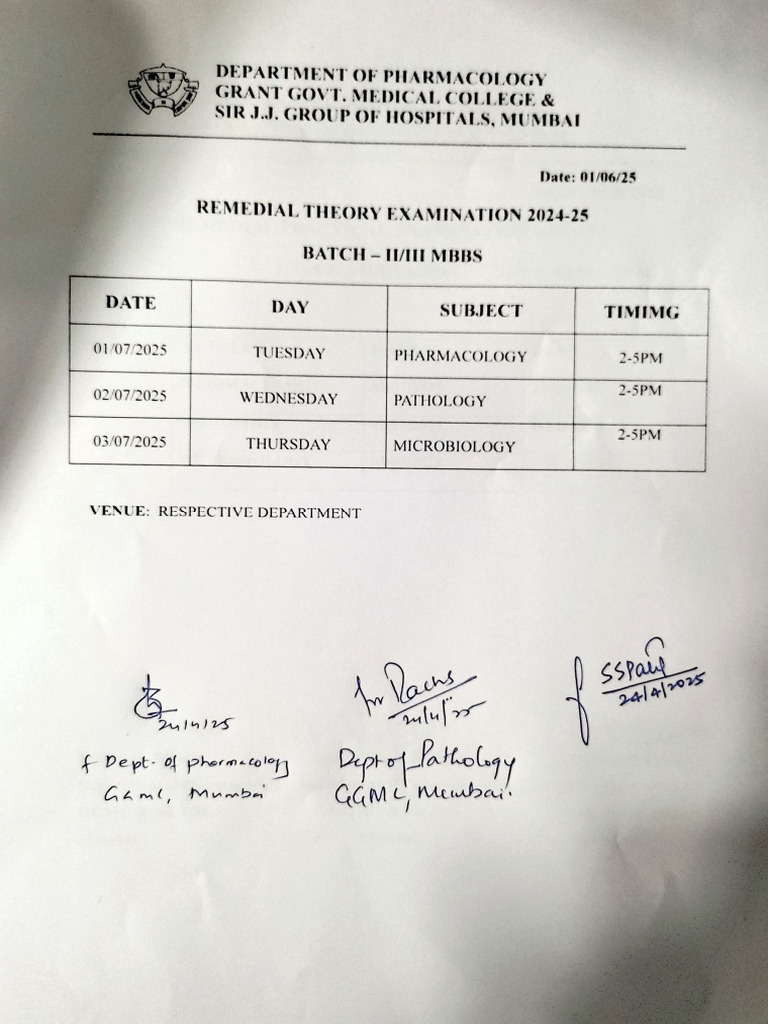 Remedial Exam Schedule 2024-25 MBBS | PDF