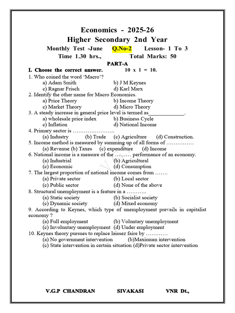 Economics Monthly Test Questions 2025-26 | PDF | Macroeconomics | Economics