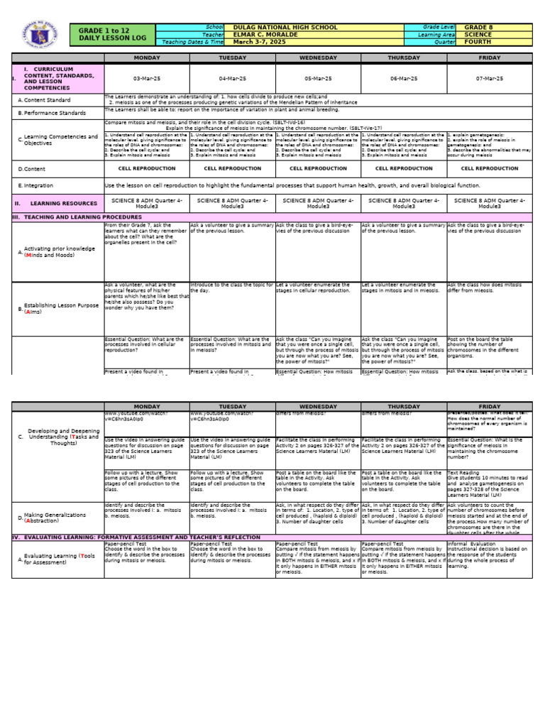 MATATAG Daily Lesson Log Template | PDF | Meiosis | Cell Growth