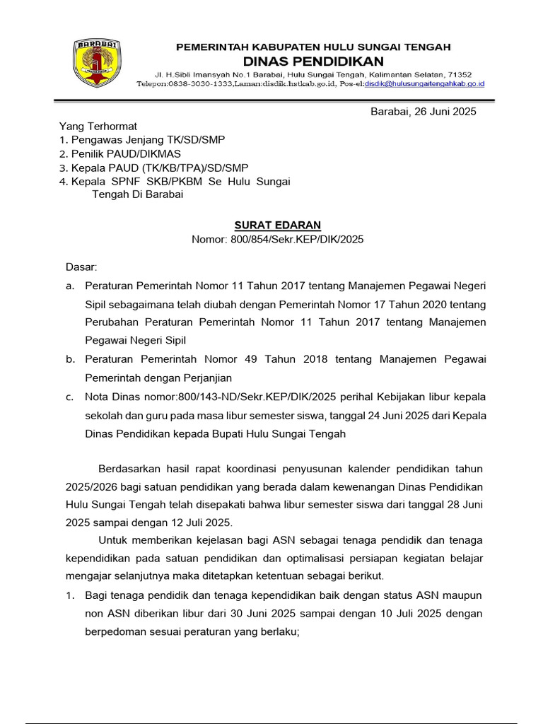 Surat Edaran Libur Akhir Tahun Pelajaran 202425 | PDF