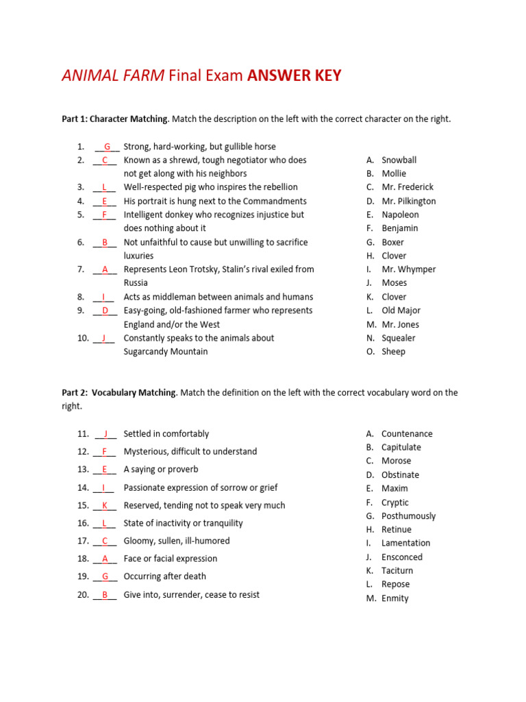 Animal Farm Final Exam Answer Key | PDF