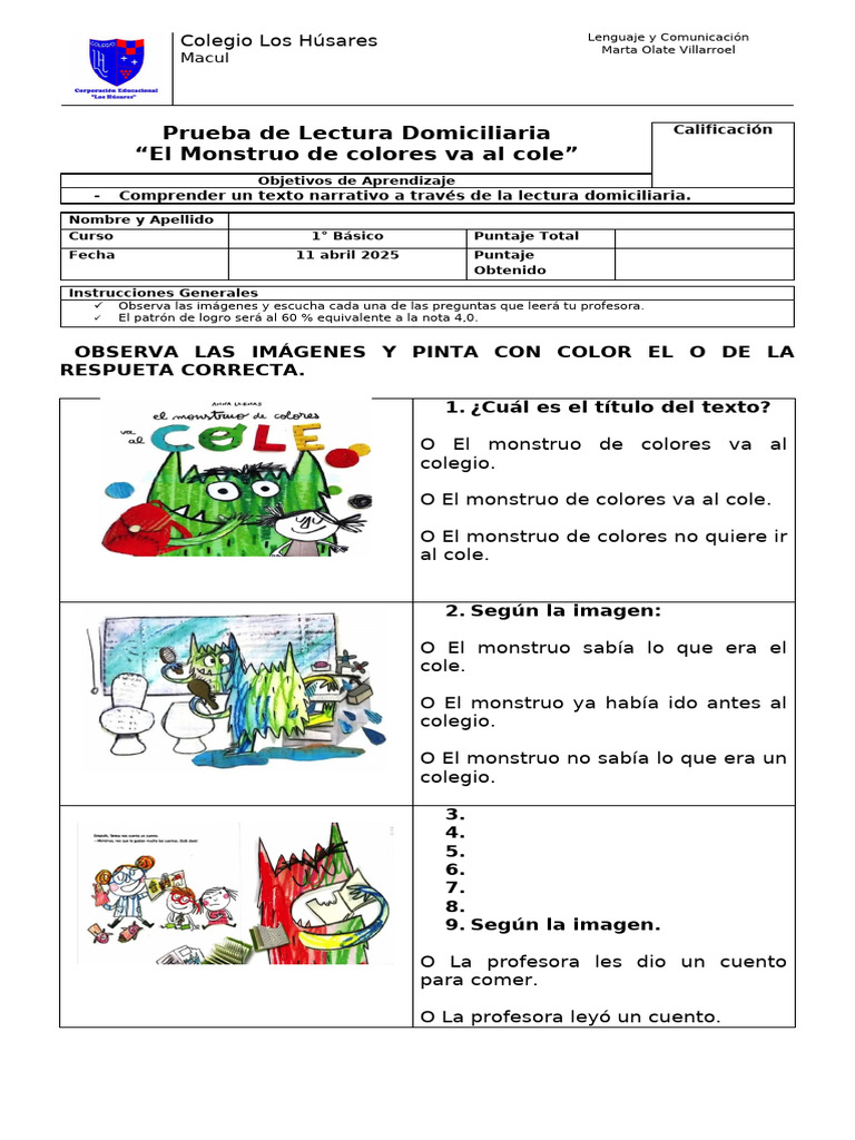 Prueba de Lectura: El Monstruo de Colores | PDF