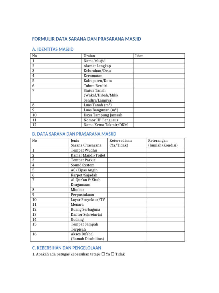 Formulir Data Sarpras Masjid | PDF