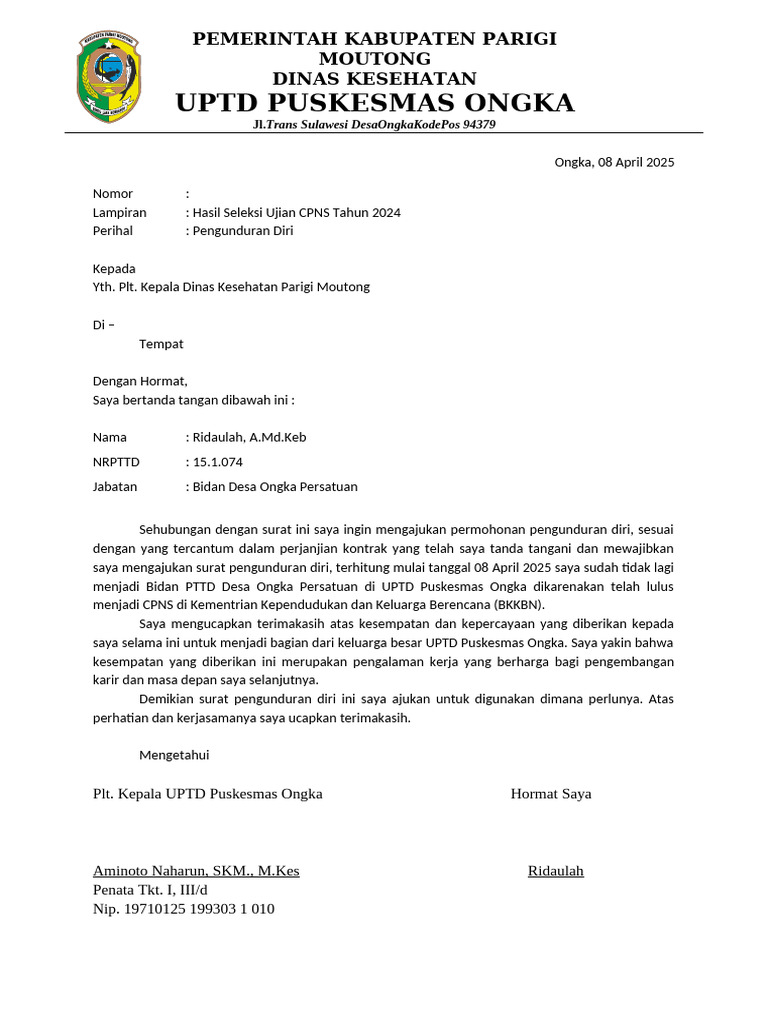 Surat Pengunduran Diri Rida | PDF