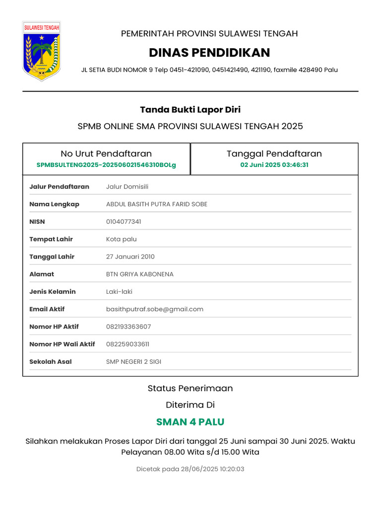 Surat Lapor Diri Abdul Basith Putra Farid Sobe - 28 - 6 - 2025 | PDF