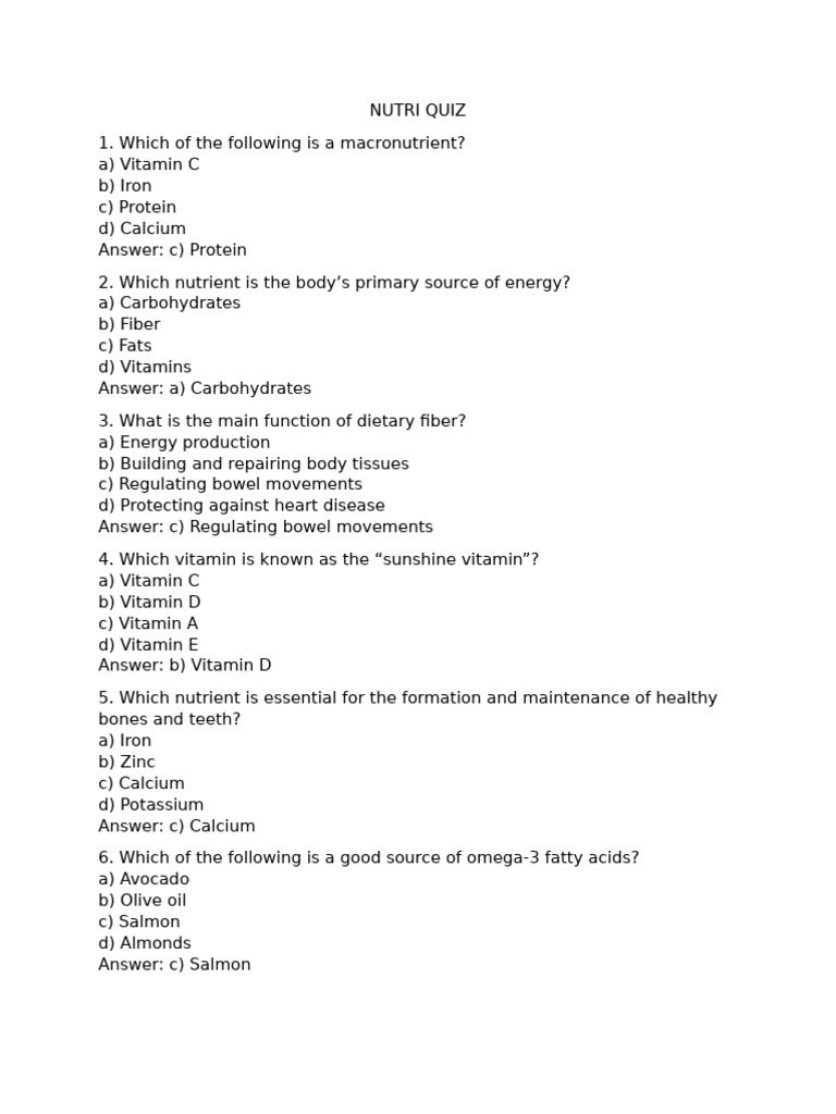 Nutrition Quiz with Answers | PDF | Nutrients | Vitamin