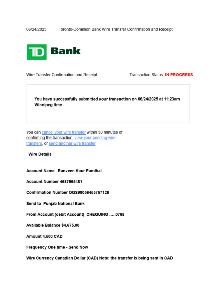Wire Transfer Confirmation | PDF