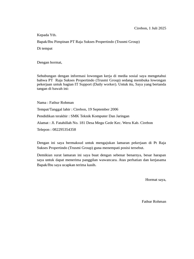 Lamaran Pekerjaan IT Support di Cirebon | PDF