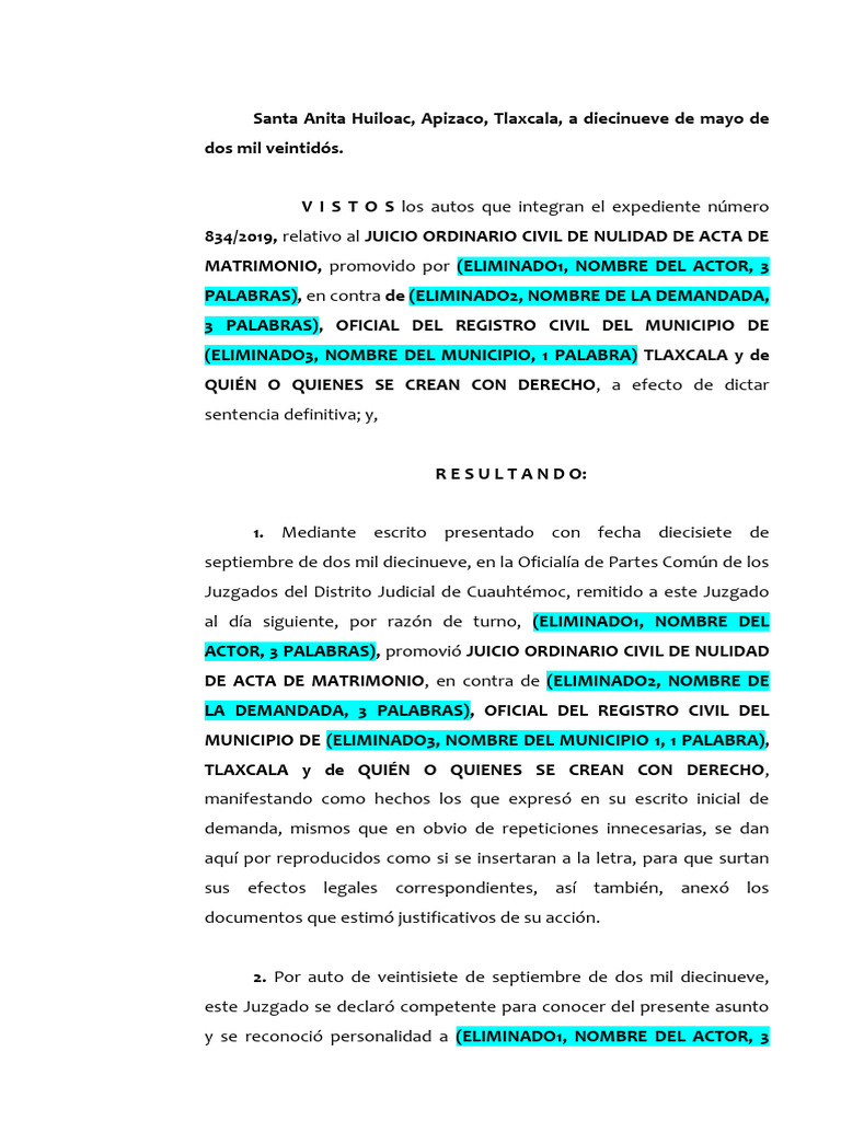 Sentencia de Juicio Ordinario Civil de Nulidad de Acta de Matrimonio | PDF | Anulación | Demanda ...