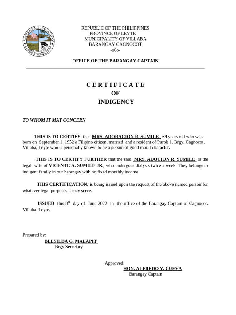 Barangay Indigency Certificate for Mrs. Sumile | PDF