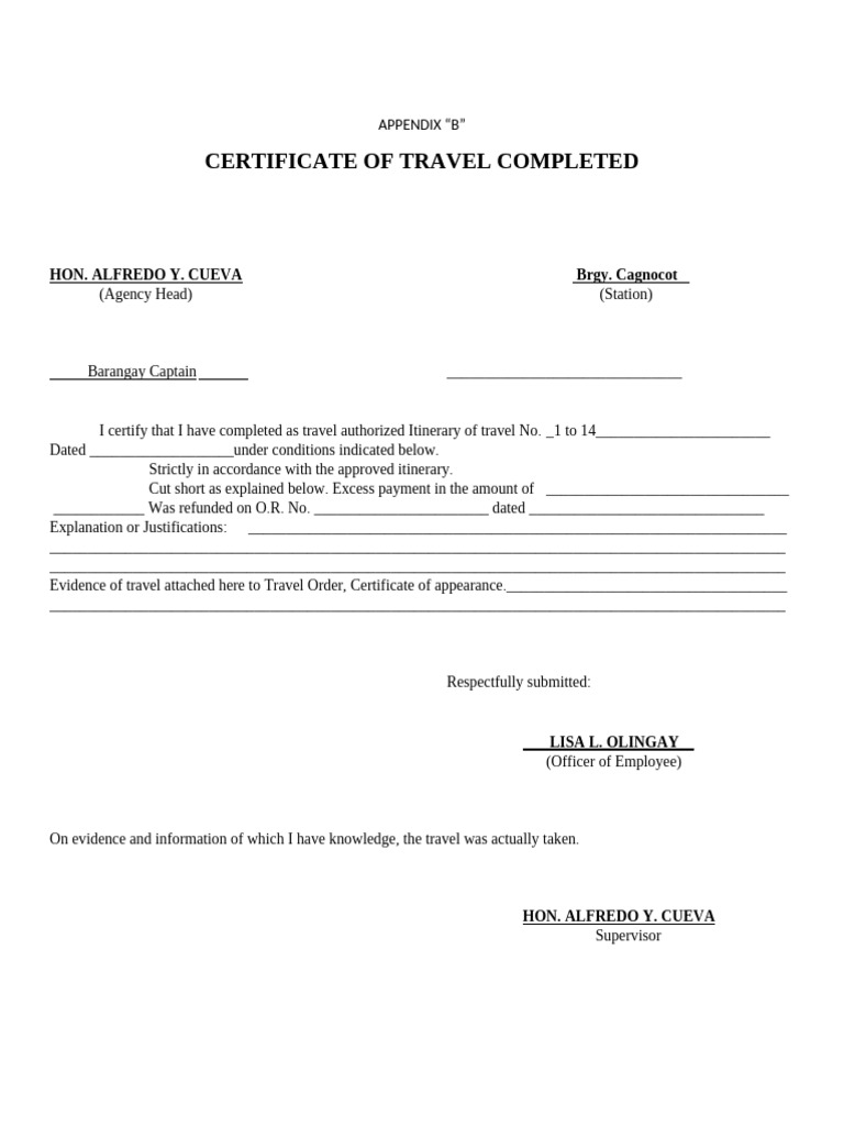 Travel Completion Certificate Template | PDF