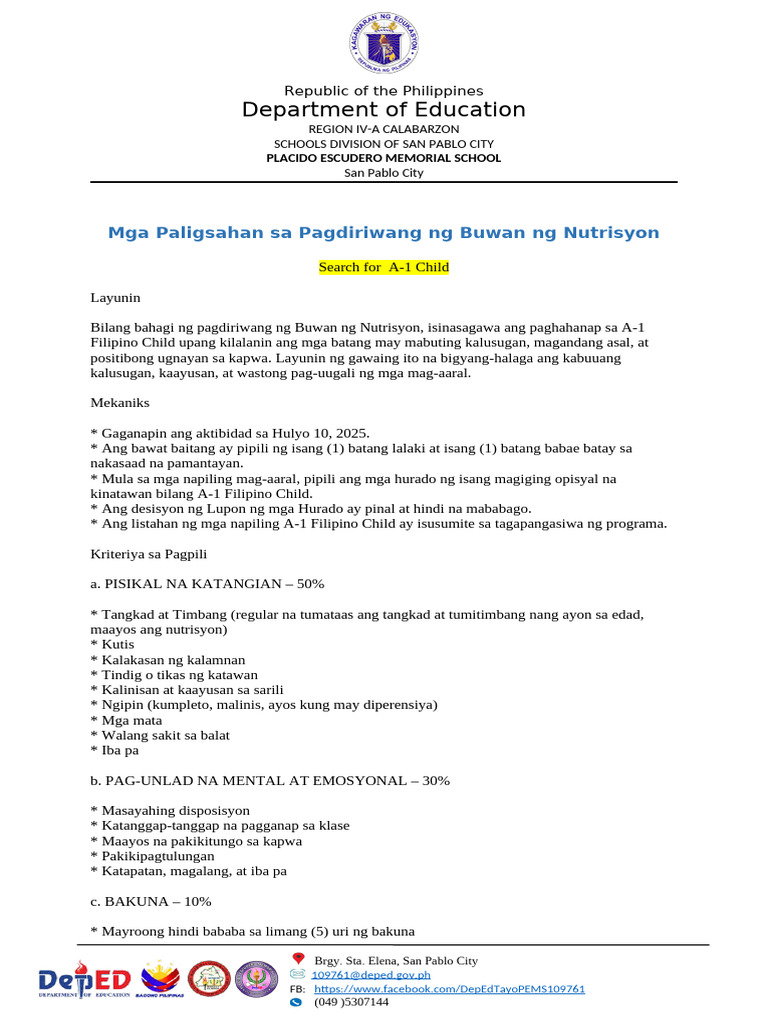 Mga Paligsahan Sa Pagdiriwang NG Buwan NG Nutrisyon | PDF